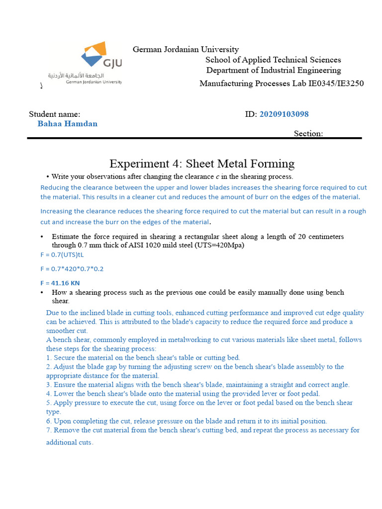 Sheet Metal Forming Report | PDF