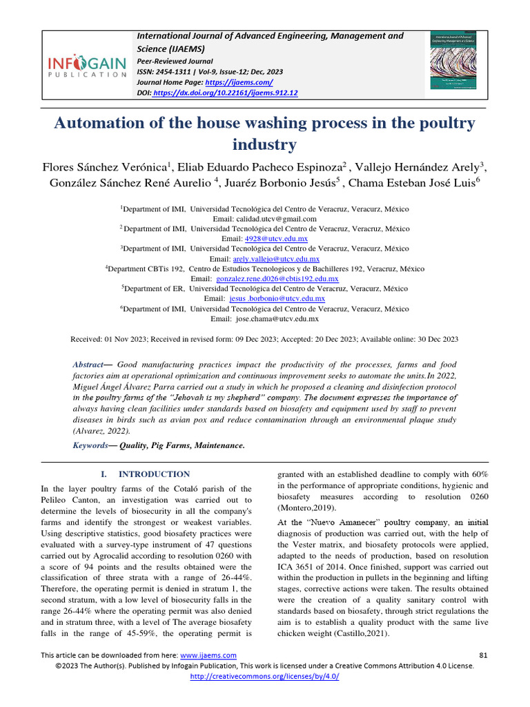 Automation of The House Washing Process in The Poultry Industry | PDF ...