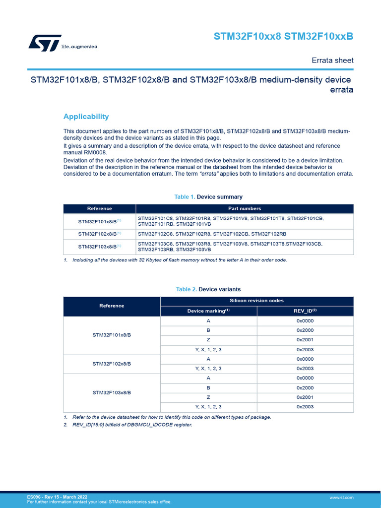 STM32F10xx Device Errata Guide | PDF | Microcontroller | Computing