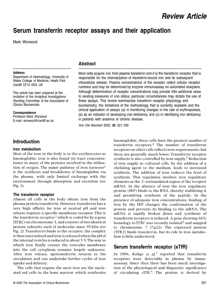 Worwood 2002 Serum Transferrin Receptor Assays and Their Application | PDF