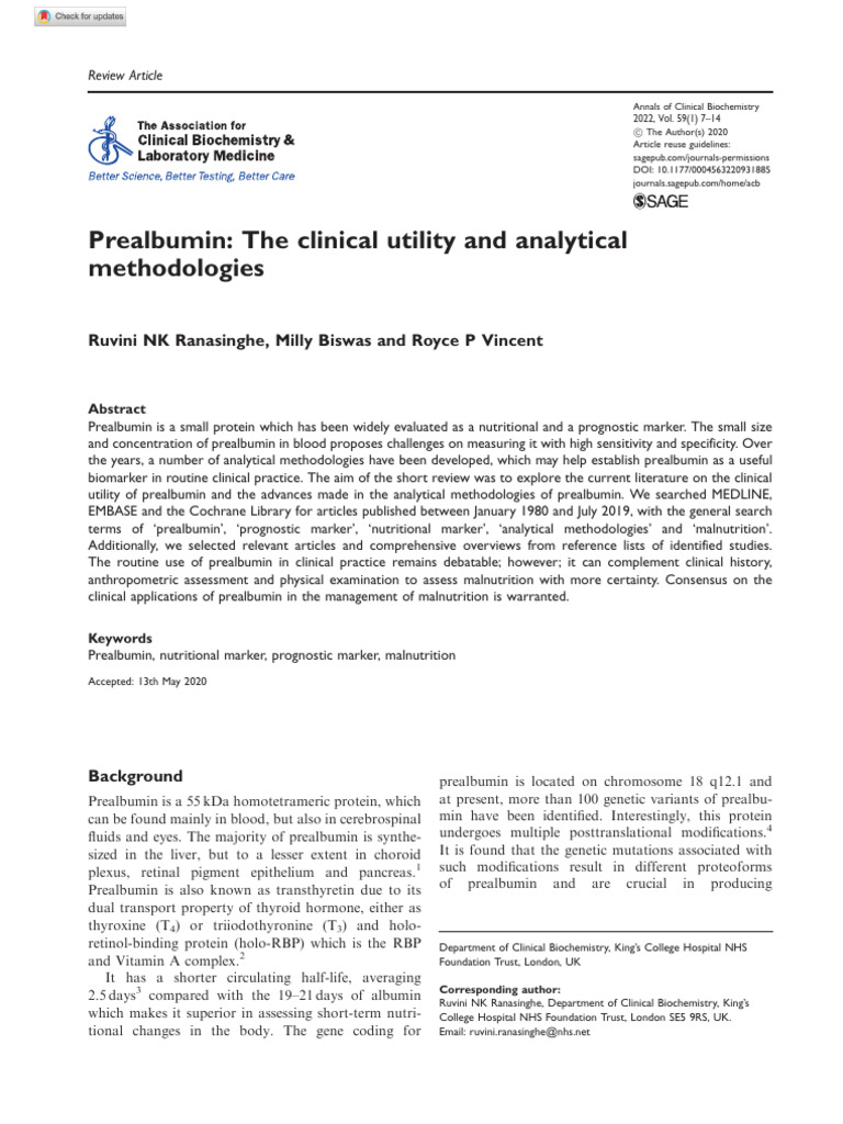 Ranasinghe Et Al 2020 Prealbumin The Clinical Utility and Analytical ...