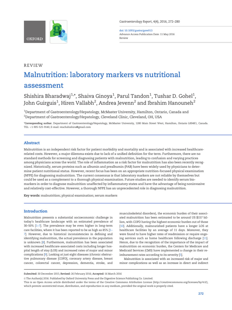 Malnutrition: Laboratory Markers Vs Nutritional Assessment | PDF ...