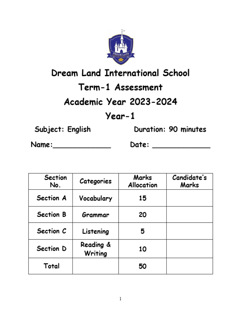 Y1 English Term 1 Assessment 2023 2024 Dream Land | PDF