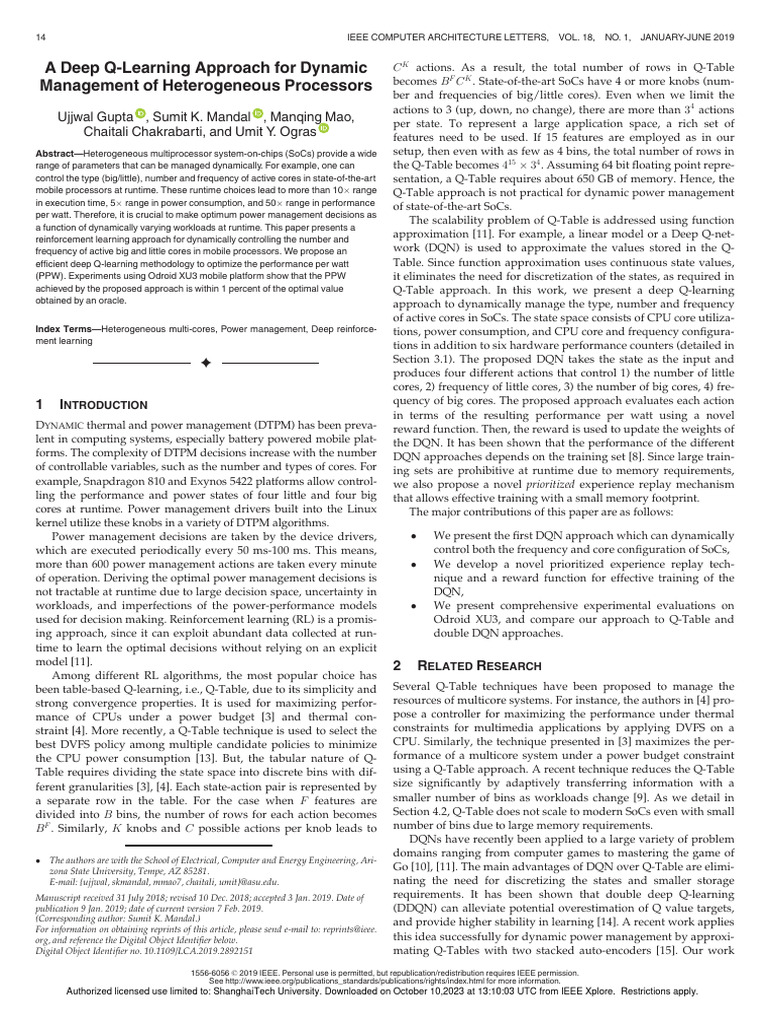 A Deep Q-Learning Approach For Dynamic Management of Heterogeneous Processors | PDF | Multi Core ...