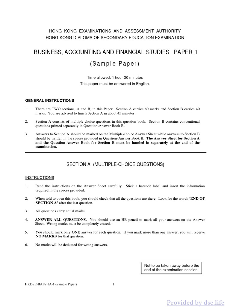 Business, Accounting and Financial Studies Paper 1 (Sample Paper) | PDF ...
