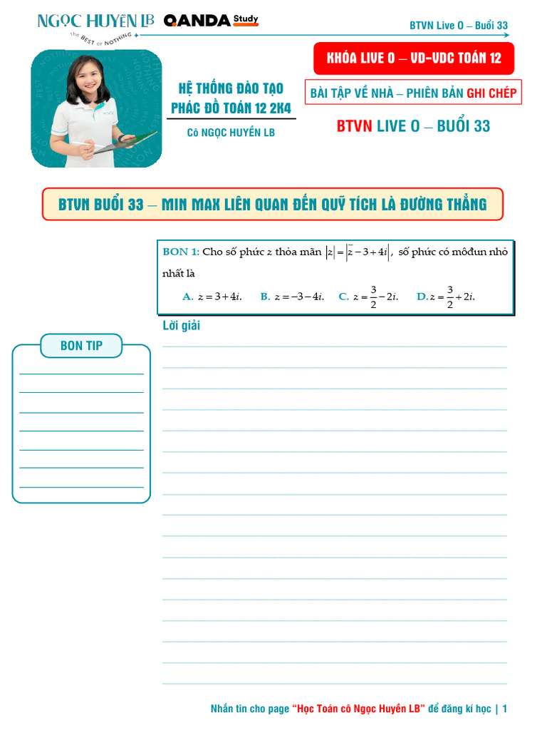 (Cô Ngọc Huyền LB) Live O - BTVN Buổi 33. Min Max Liên Quan Đến Quỹ Tích Là Đường Thẳng - Phiên ...