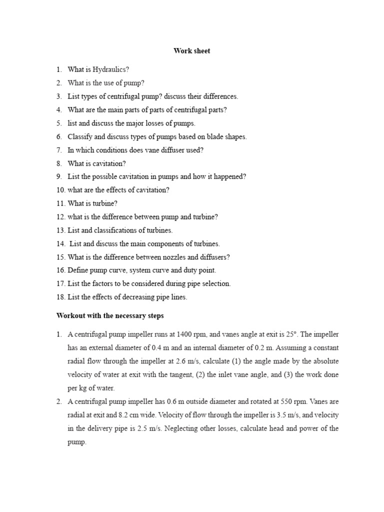Work Sheet | PDF | Pump | Mechanical Engineering