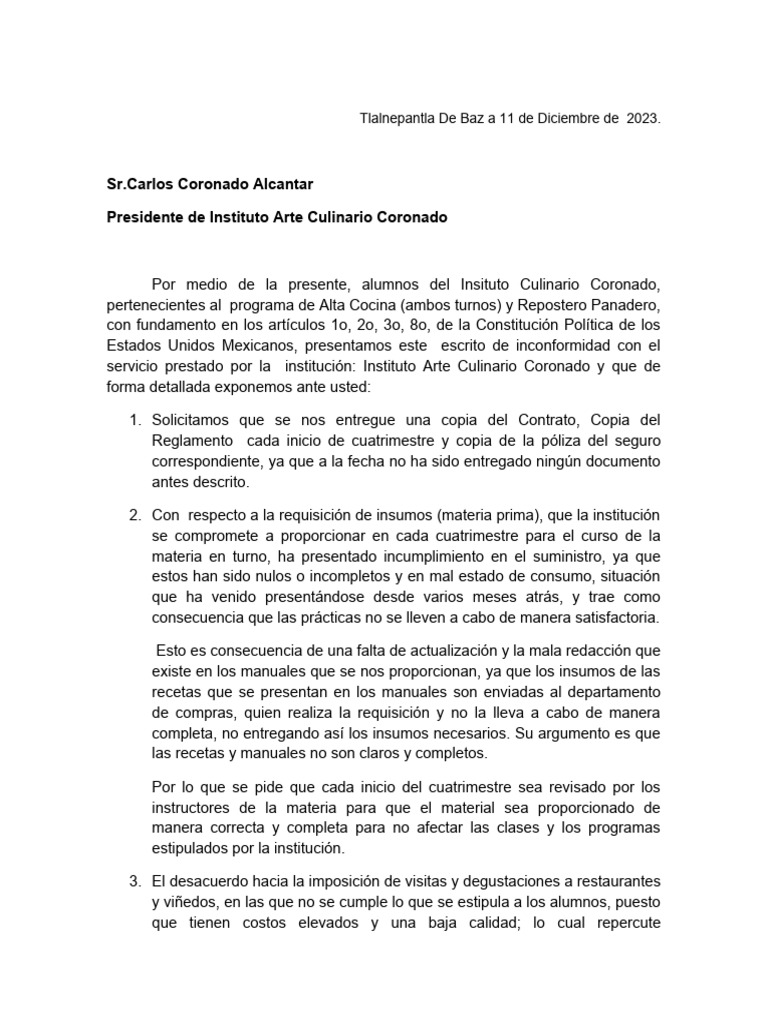 Escrito de Inconformidad Alumnos | PDF