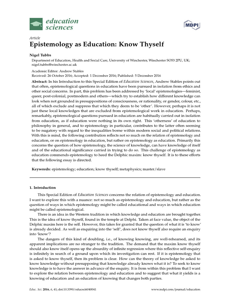 Epistemology As Education Know Thyself | PDF | Epistemology | Knowledge
