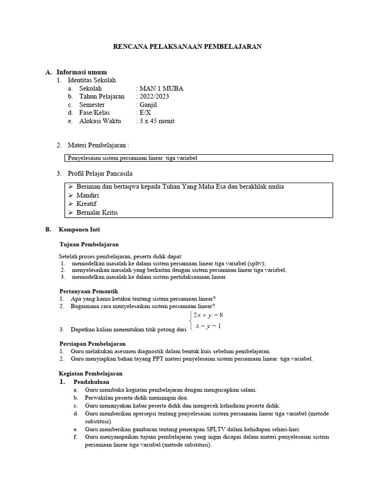 Modul Ajar 4 Matematika Sma Fase e (SPLTV) | PDF