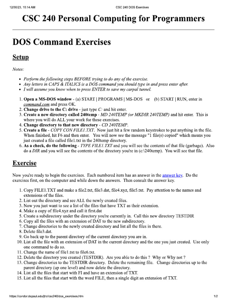 Csc 240 Dos Exercises Pdf