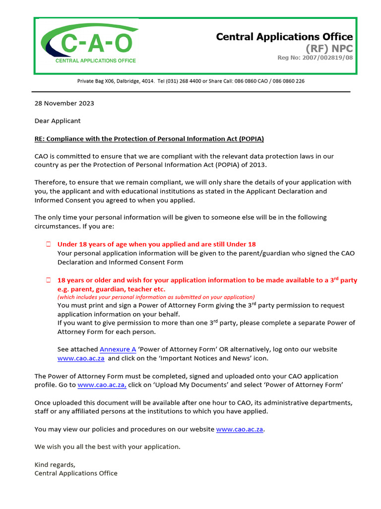 POPIA Compliance Letter | PDF | Power Of Attorney | Informed Consent