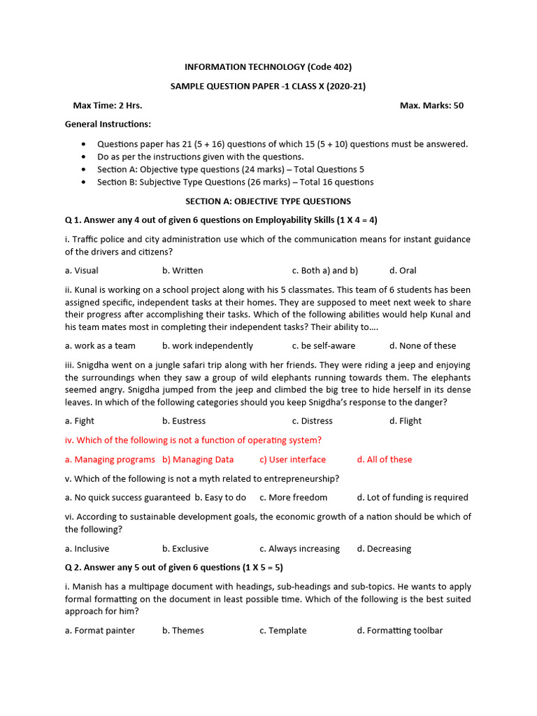 SAMPLE PAPER - XIV Class X (IT) | PDF