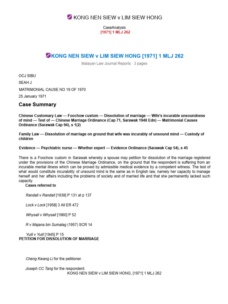 KONG NEN SIEW V LIM SIEW HONG, (1971) 1 MLJ 262 | PDF