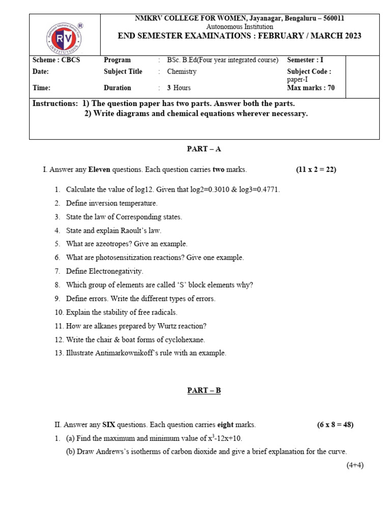 BSC Bed QP Sem 1 | PDF | Chemical Reactions | Chemistry