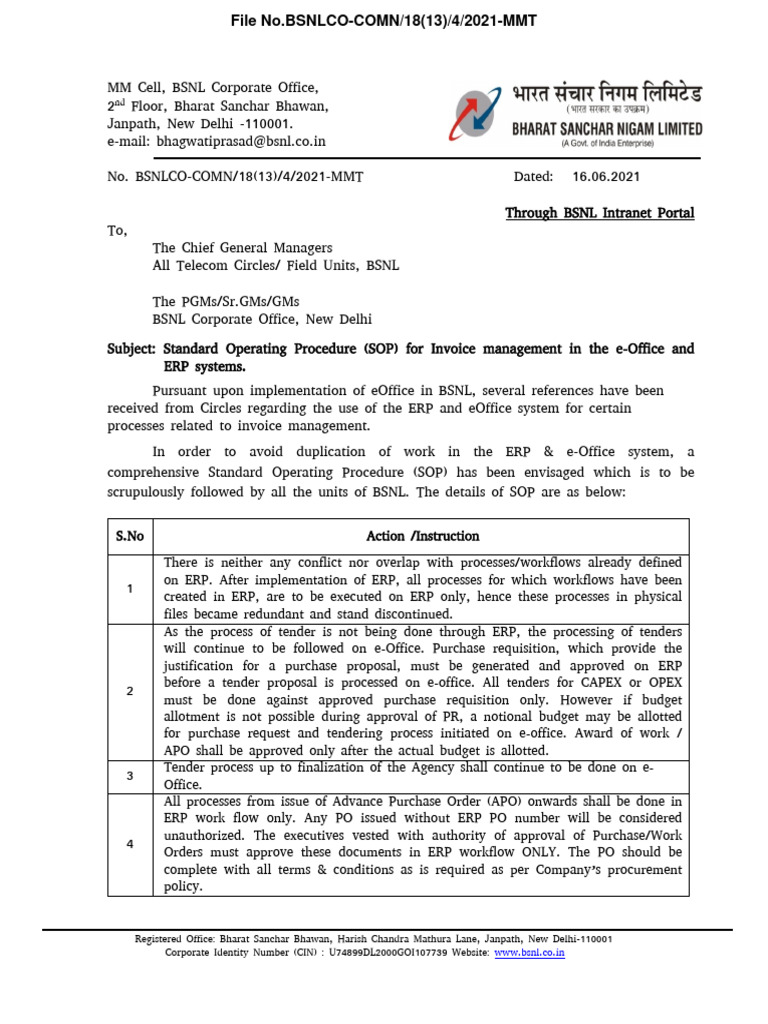 SOP For Invoice Management in EOffice and ERP Systems | PDF | Invoice ...