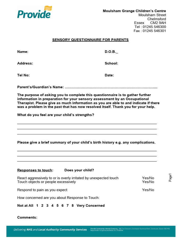 Sensory Questionnaire For Parents 24 06 14 | PDF | Psychology ...