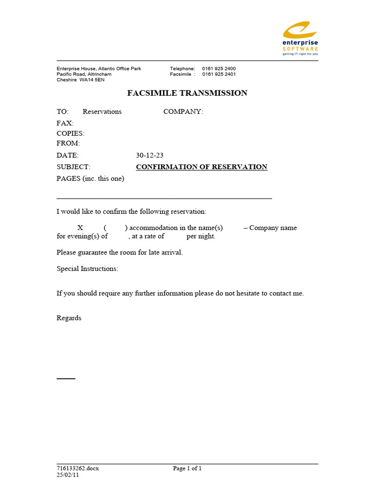 Reservation Confirmation Template | PDF