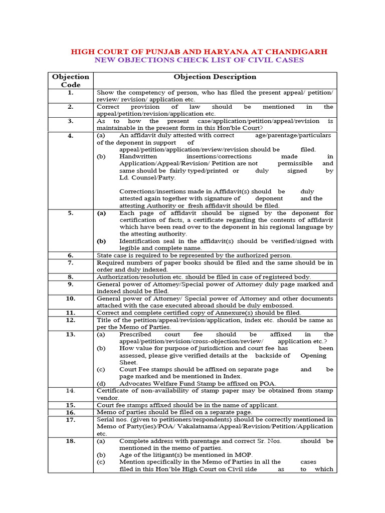 Haryana High Court Civil-Objection Checklist | PDF | Appeal | Judgment ...