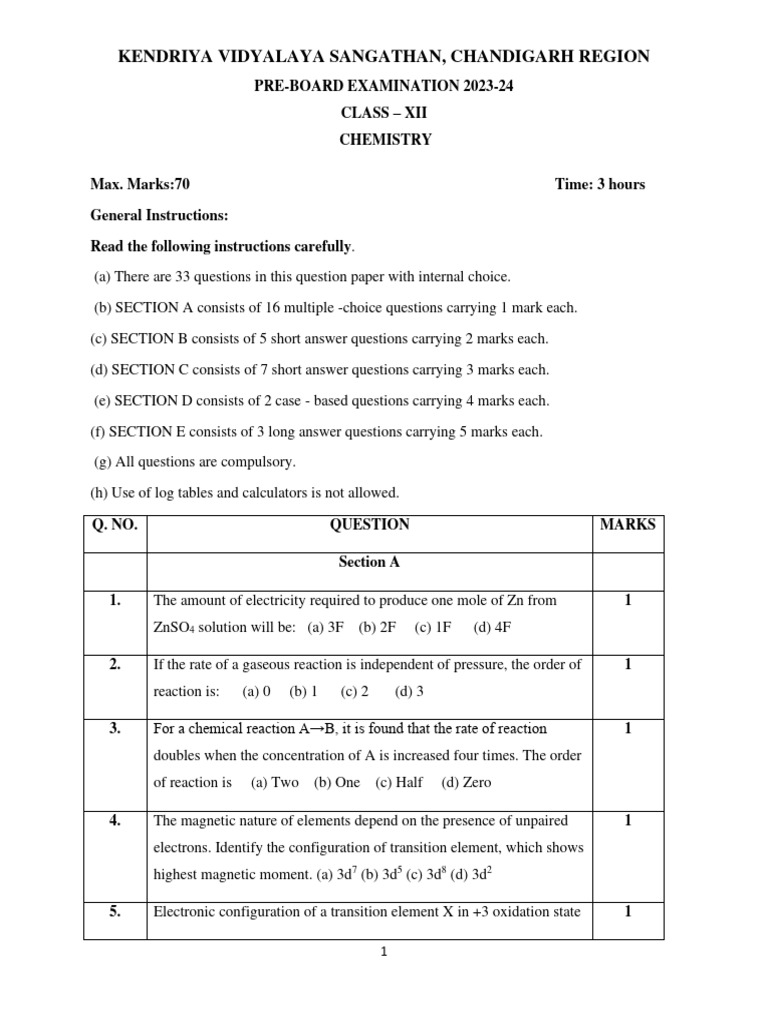 ChandigarhXII PB1 QP CHEM2023 | PDF
