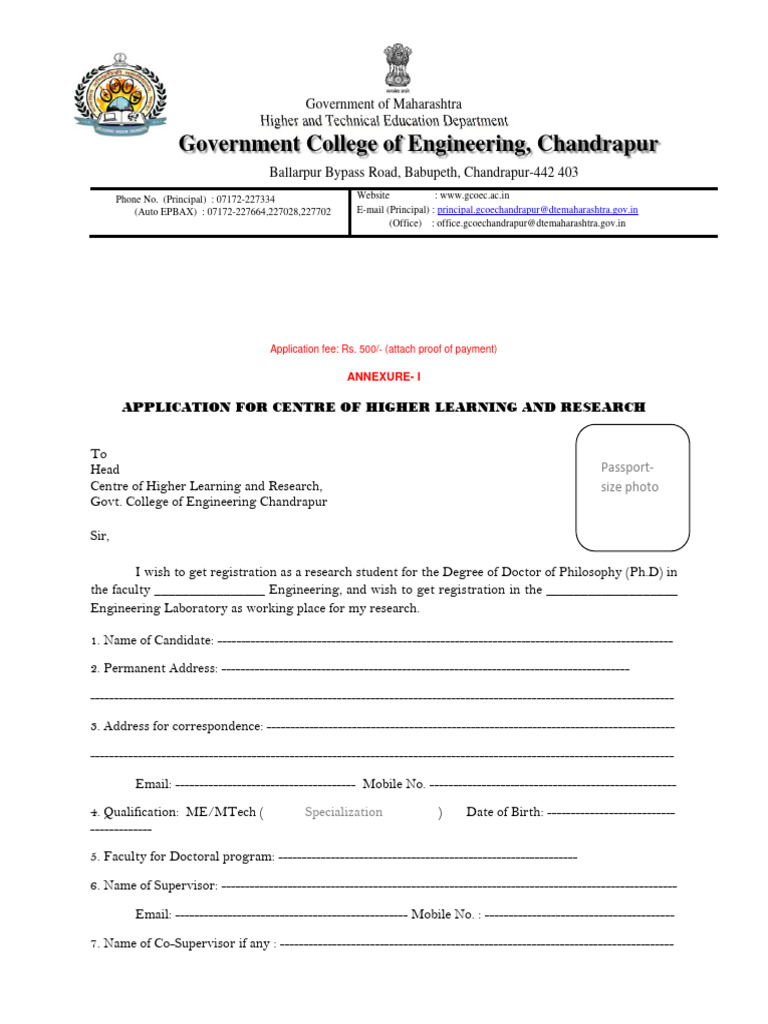 Annexure I Admission - Registration Form PHD | PDF | Doctor Of Philosophy | Vocational Education