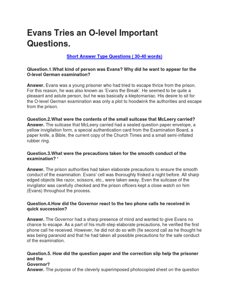 Evans Tries An O-Level Short Answer Type Questions | PDF | Prison ...
