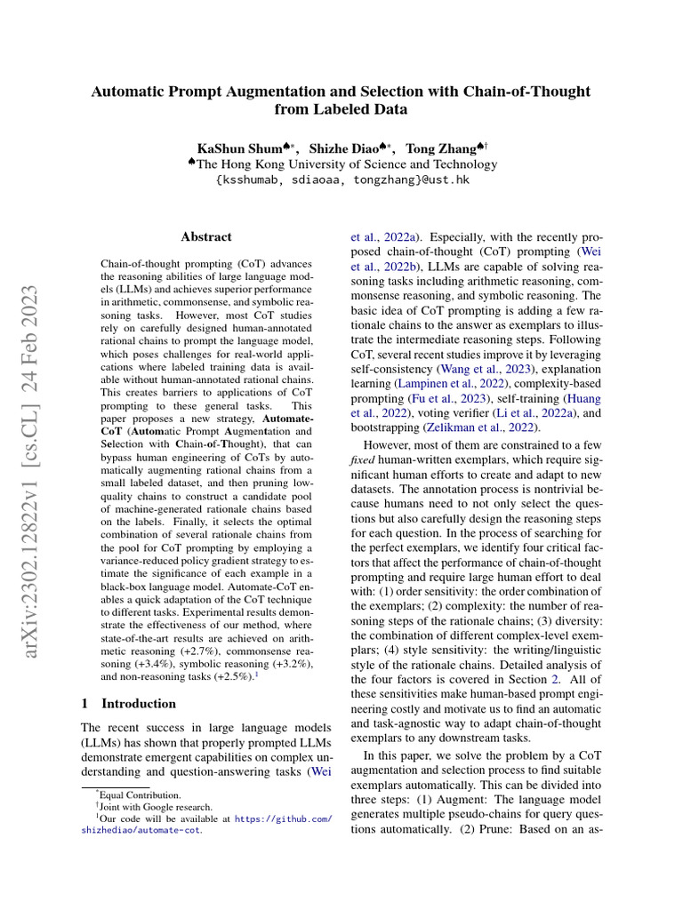 Automatic Prompt Augmentation and Selection With Chain-of-Thought From Labeled Data | PDF