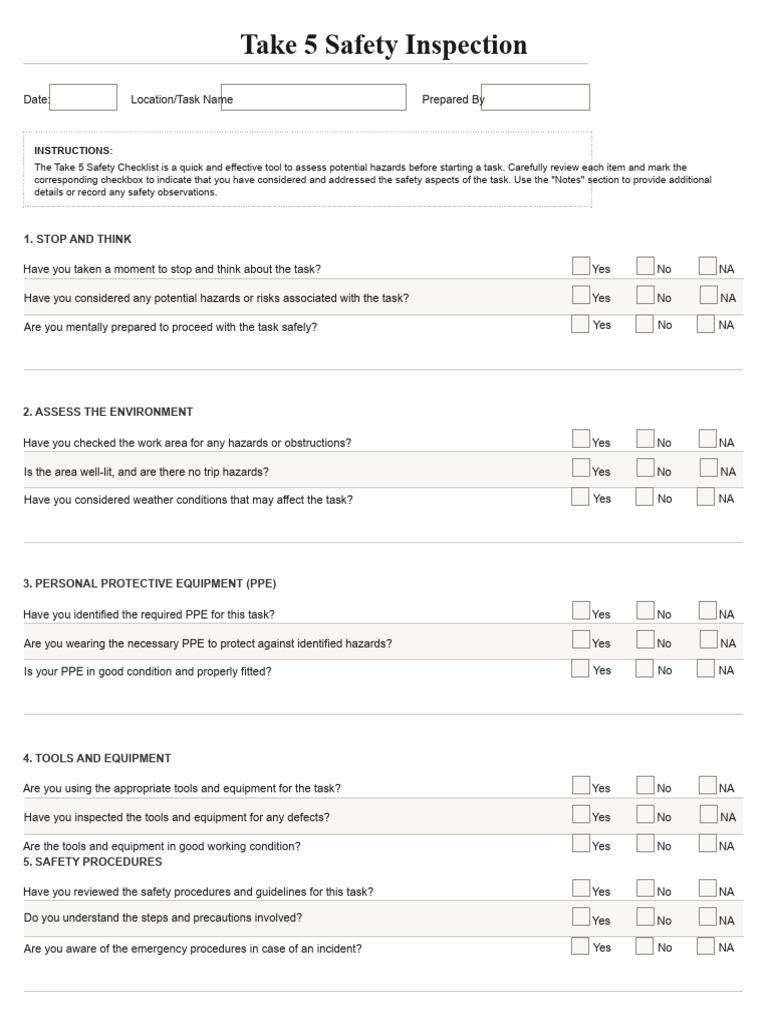 Take 5 Safety Inspection Checklist | PDF | Career & Growth