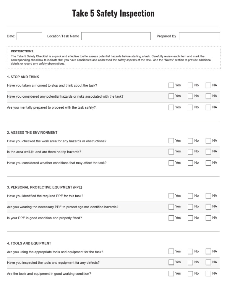 Take 5 Safety Checklist Template | PDF | Personal Protective Equipment ...