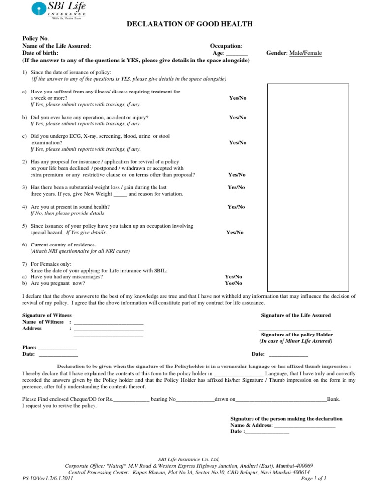 Declaration of Good Health Form | Life Insurance | Insurance | Free 30 ...