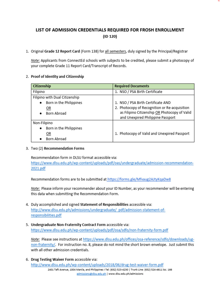 List of Admission Credentials Required For Frosh Enrollment Id 120 ...