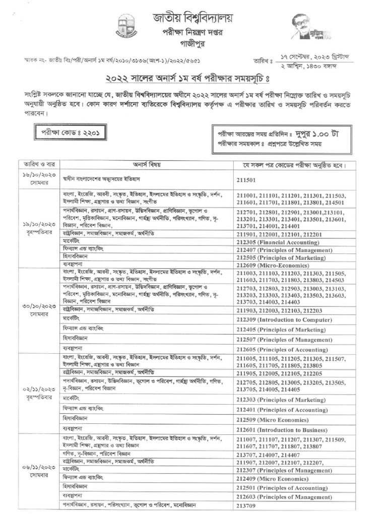 Honours 1st Year Final Exam Routine 2023 | PDF