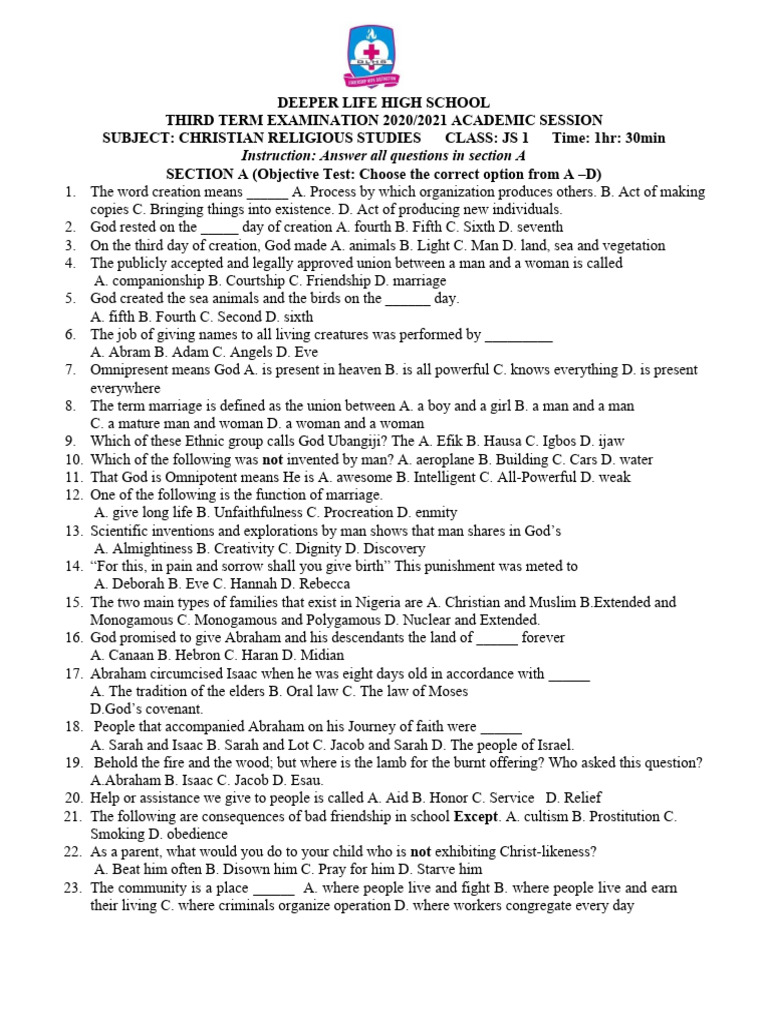 JS 1 CRS Examination 3RD Term | PDF | Religion & Spirituality