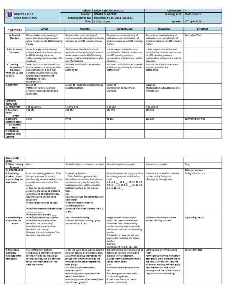 Mathematics 2 - Q2 - W4 - DLL | PDF