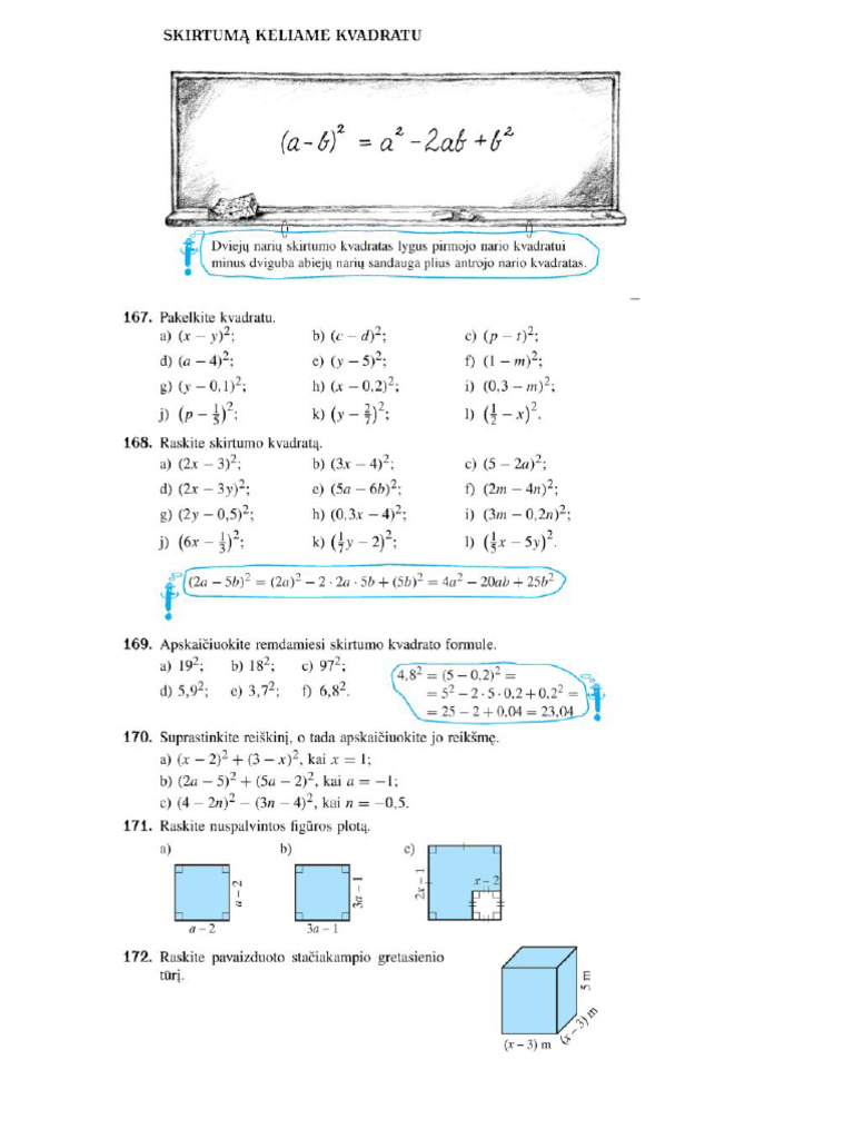 Skirtumo Kvadratas Pamokos Namu Darbas | PDF