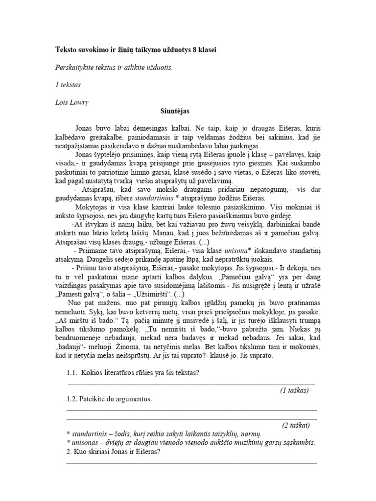 Teksto Suvokimo 8 Klasei | PDF