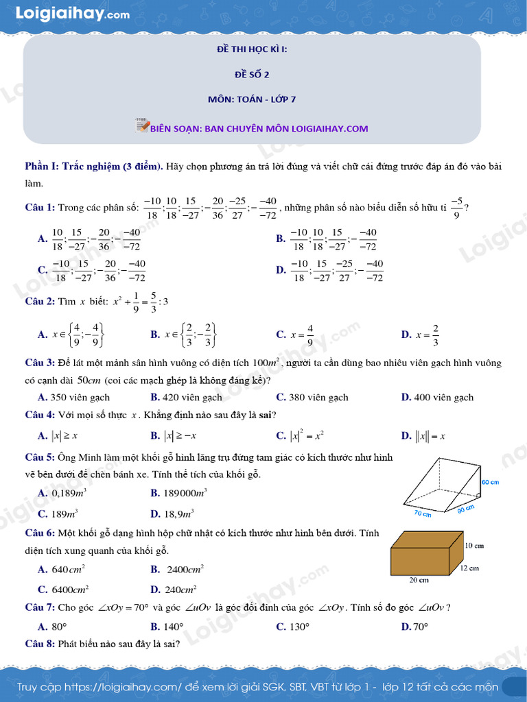 De Kiem Tra Hoc Ki 1 Toan 7 de So 2 Chan Troi Sang Tao 1668157652 | PDF