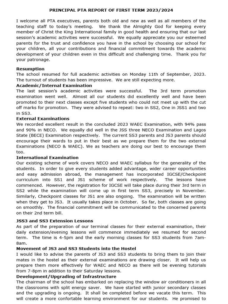 Principal Pta Report First Term 2023 | PDF