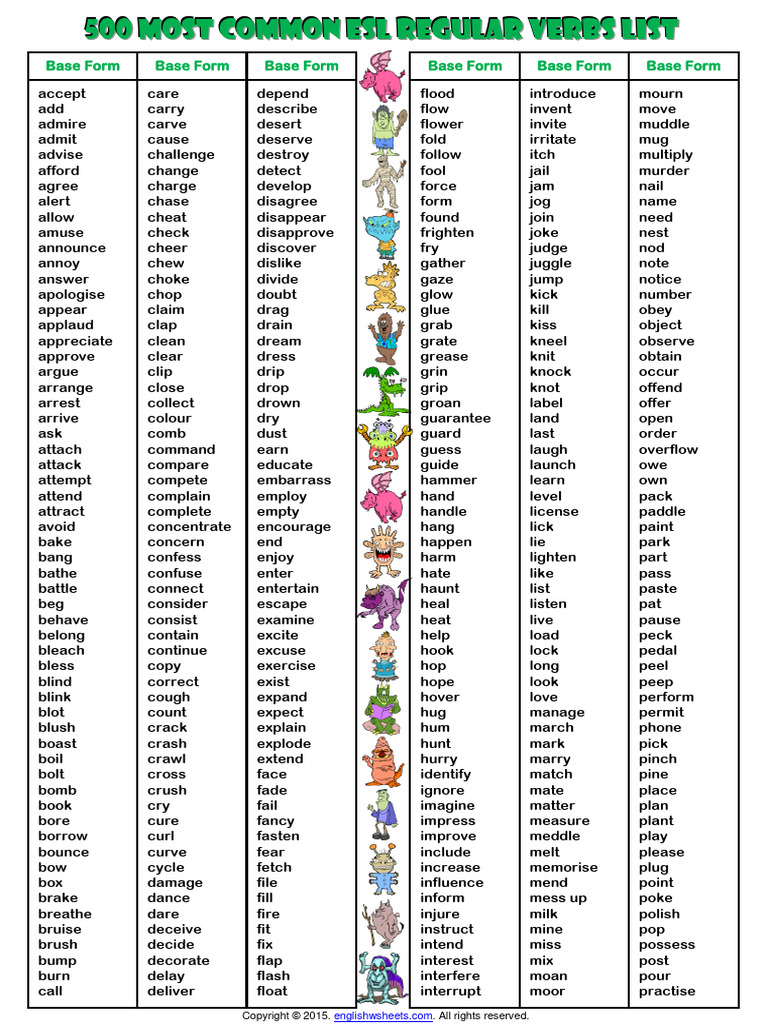 500 Most Common Esl Regular Verbs List | PDF