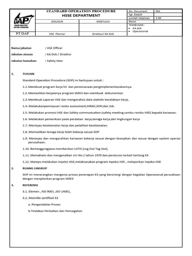1.1 SOP Healthy Safety Security & Environment (HSSE) | PDF