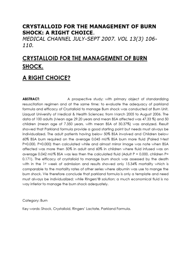 Crystalloid For The Management of Burn Shock | PDF | Burn | Clinical Medicine