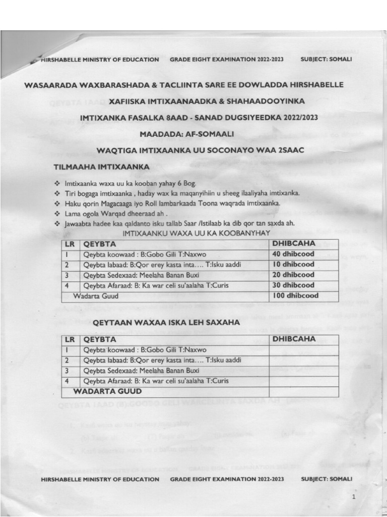 Af Soomaali Fasalka 8aad Exam | PDF