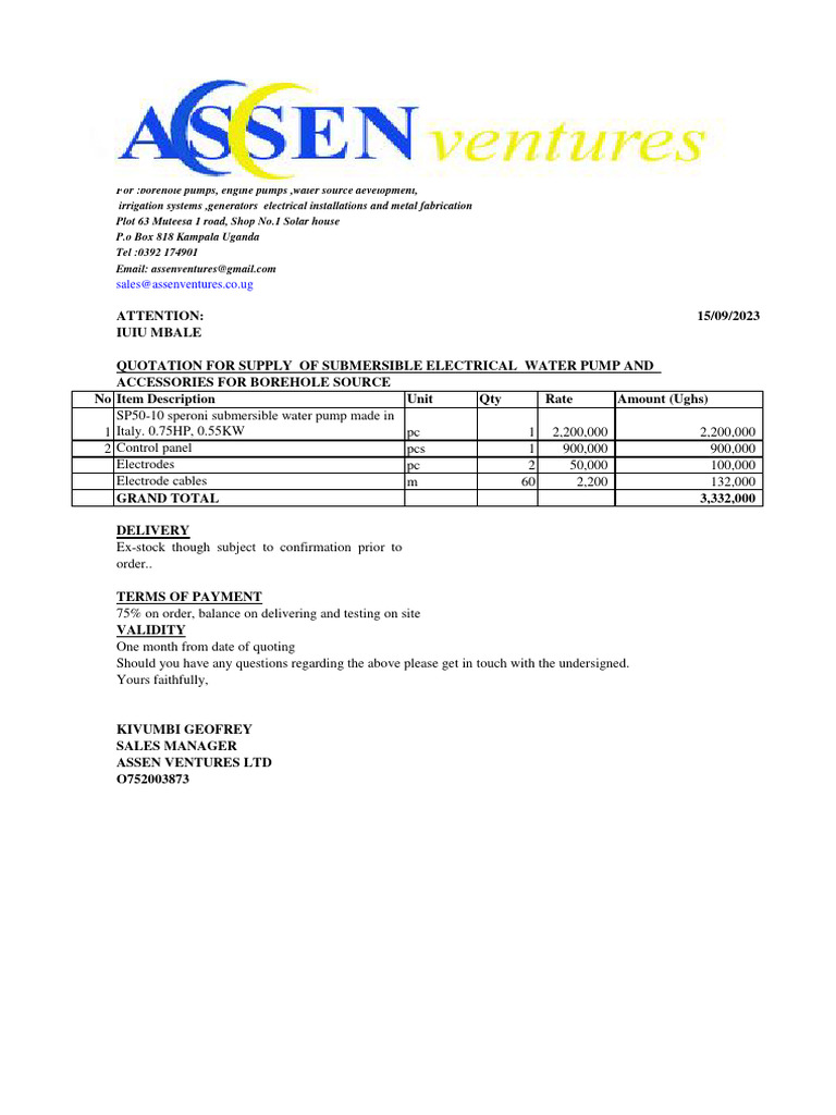 Borehole Pump Supply Quotation | PDF
