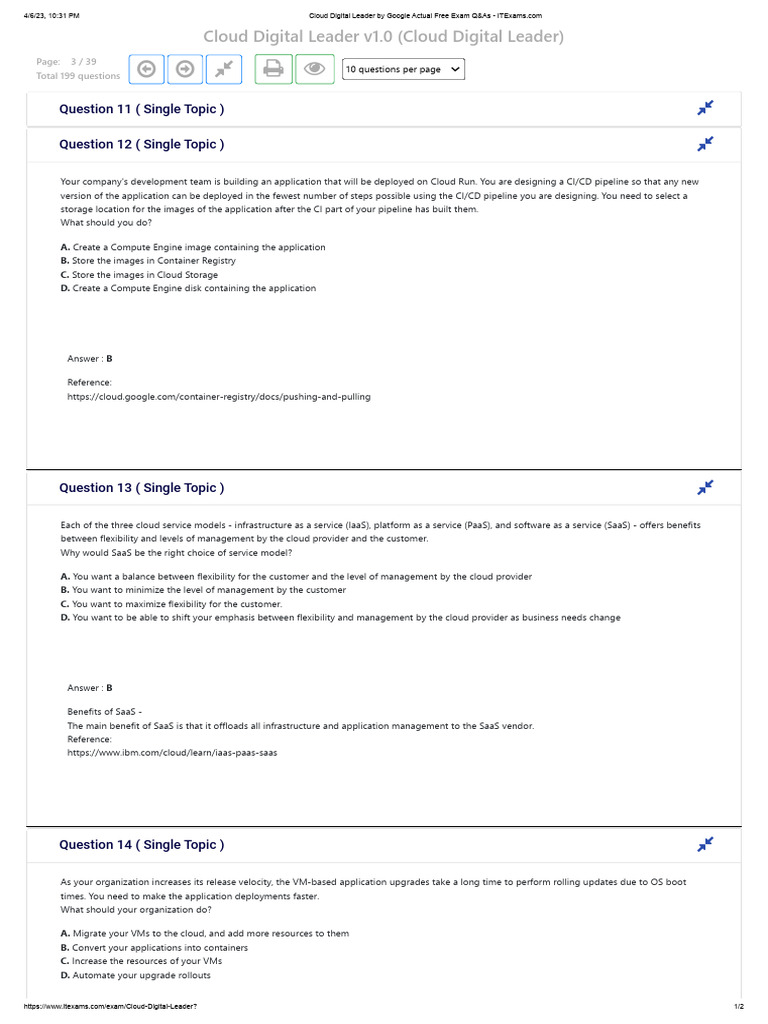 Cloud Digital Leader v1.0 (Cloud Digital Leader) : Question 11 (Single Topic) Question 12 ...