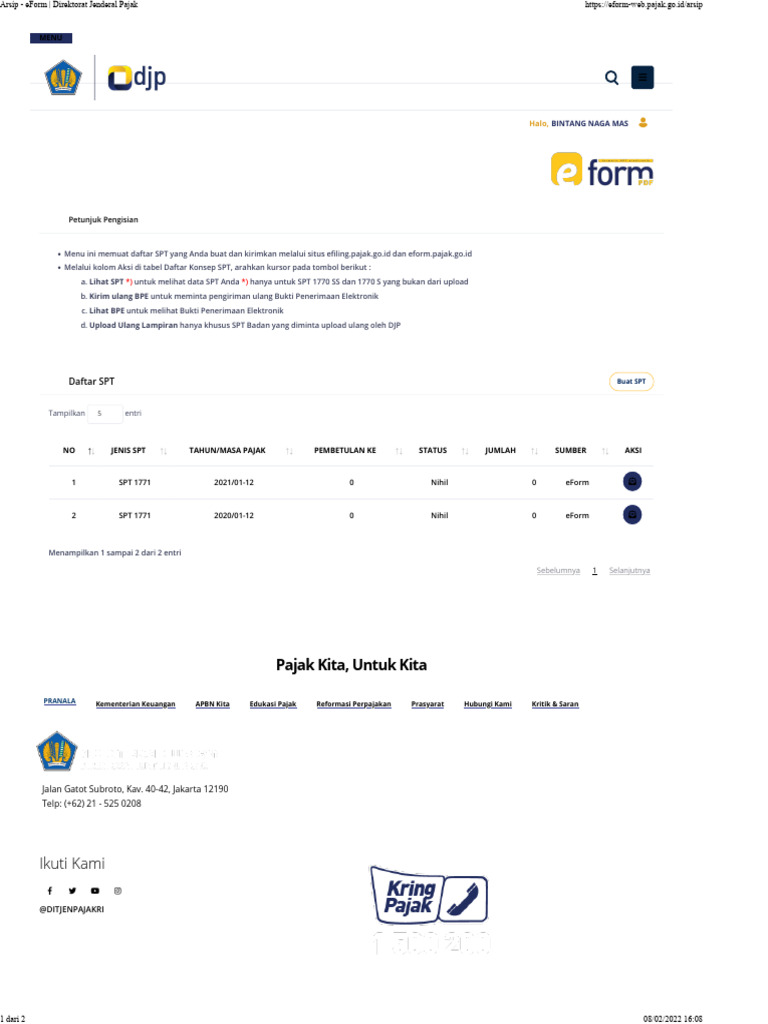 Arsip - Eform Direktorat Jenderal Pajak PT. BINTANG NAGA MAS 2021 | PDF
