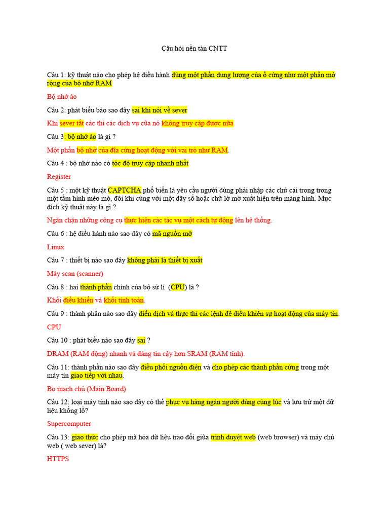 Câu hỏi nền tảng CNTT | PDF