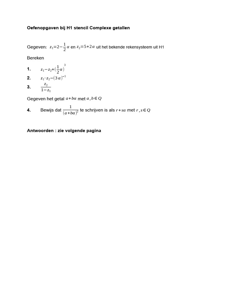 Oefenopgaven Bij H1 Stencil Complexe Getallen | PDF