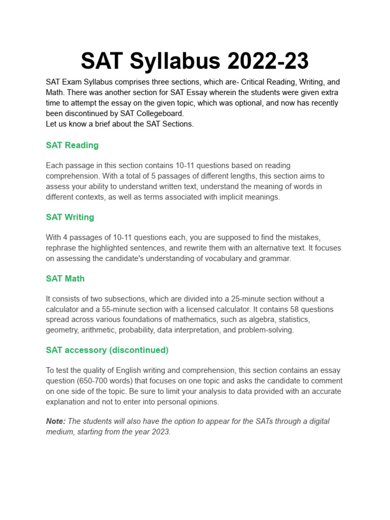 SAT Syllabus 2022-23 | PDF | Career & Growth | Teaching Methods & Materials