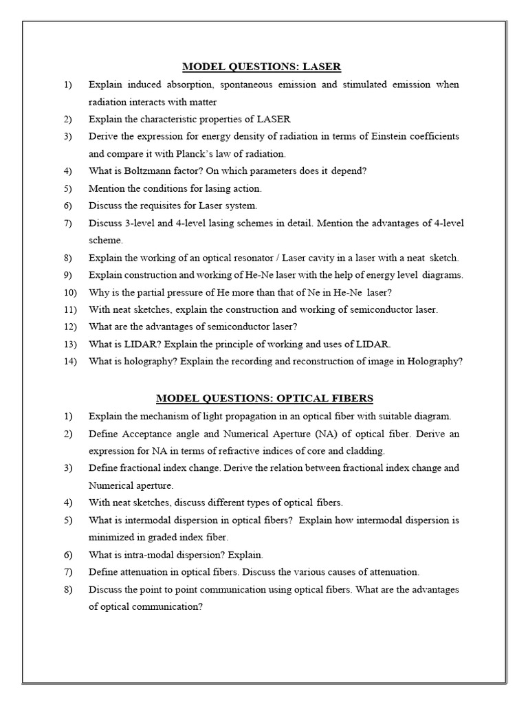 Laser and Optical Fiber Questions | PDF | Laser | Optical Fiber