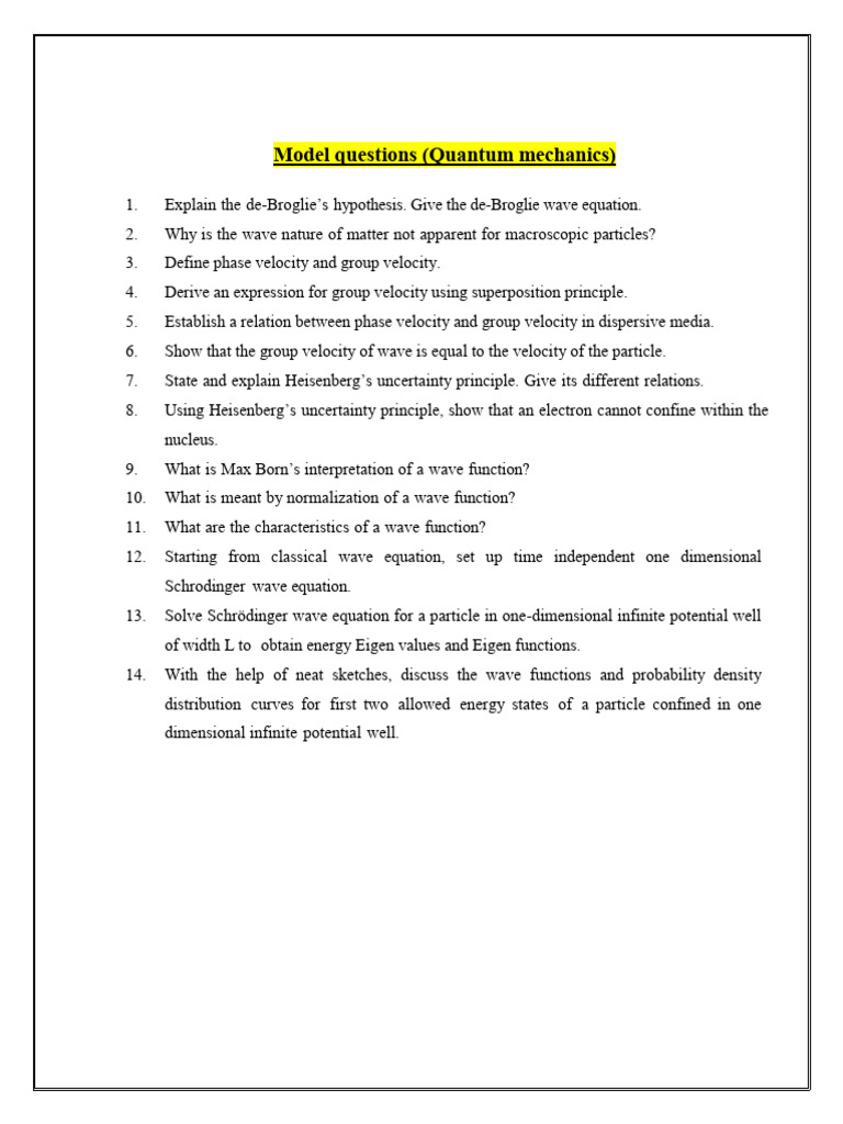 Model Questions and Practice Problems (Unit-2) Quantum Mechanics (Nov-2023) | PDF